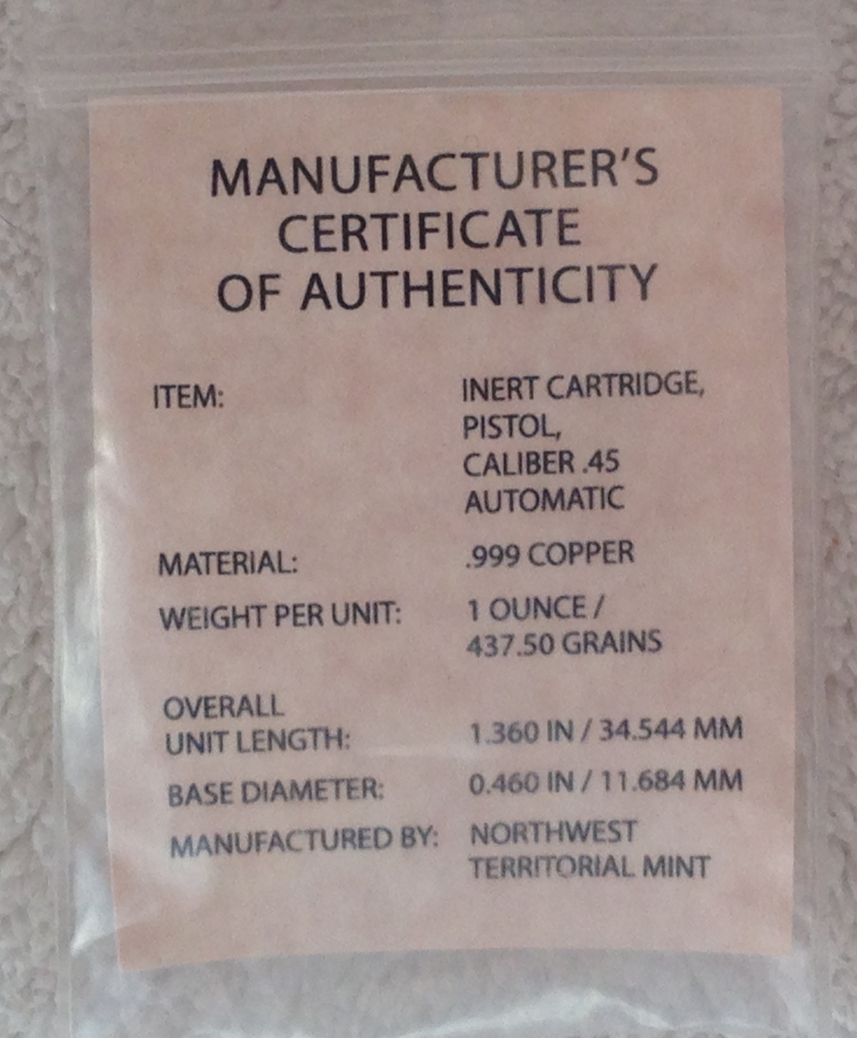 NWTM NORTHWEST TERRITORIAL MINT 1 OZ .999 COPPER 45 ACP 1 count ...