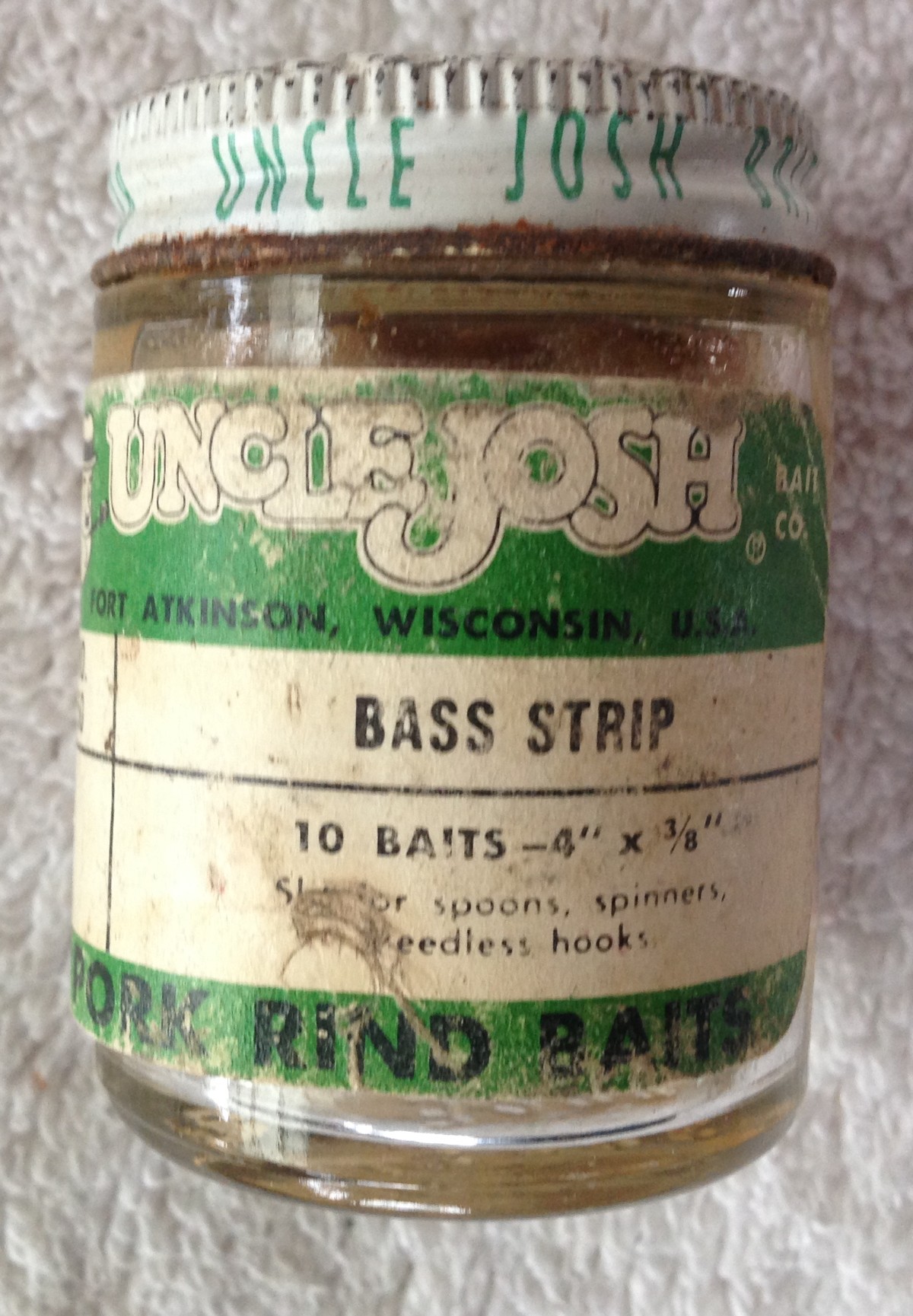 Uncle Josh Pork Rind Baits No. 50 Bass Strip Vintage Fort Atkinson Wisconsin Glass Jar / 1030-1 ...