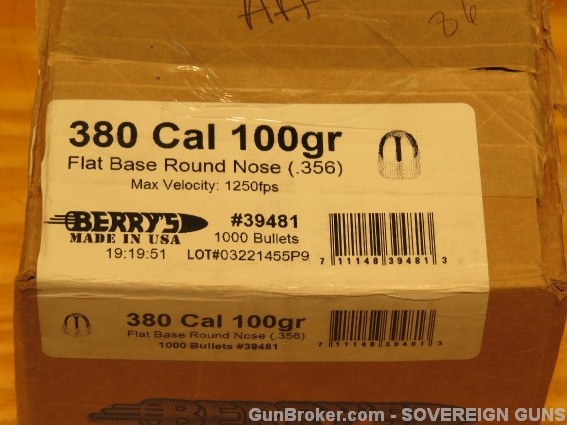 1000 Berrys Bullets 380 Cal 100Gr .356 Reload FBRN .380 ACP 13820648 ...