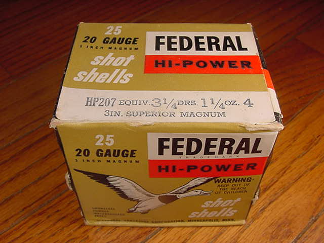 Box Of Federal Hi-Power Paper Hull 20 Gauge 3 Inch Magnum Number 4 Shot ...