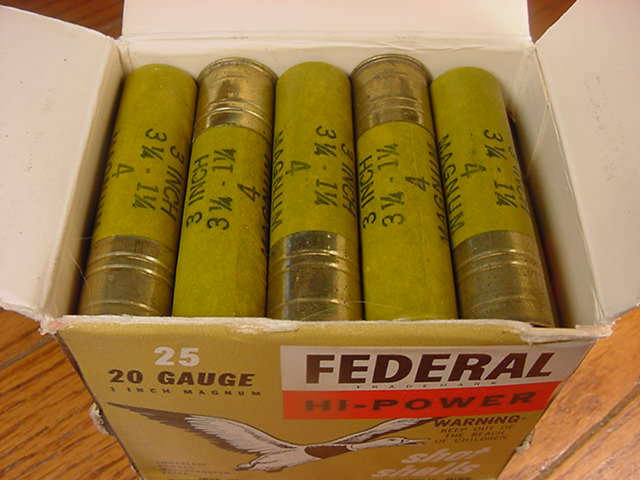 Box Of Federal Hi-Power Paper Hull 20 Gauge 3 Inch Magnum Number 4 Shot ...