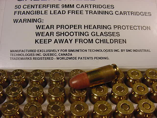 Box of Simunition Technologies/SNC Greenshield 9mm Luger Frangible ...