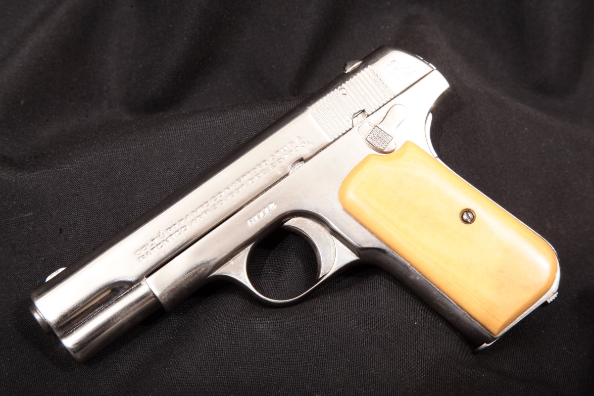Colt Model 1908 M1908 Pocket Hammerless, Nickel 3 3/4" Single Action ...