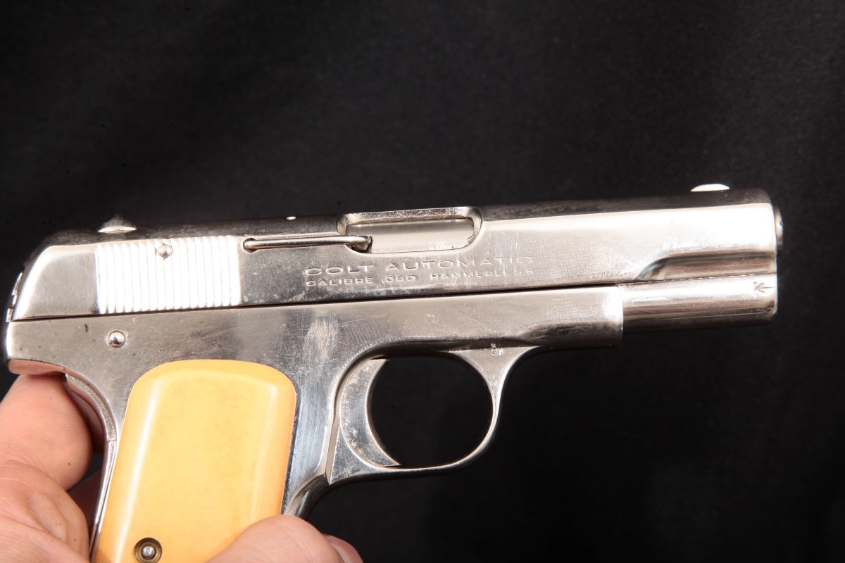 Colt Model 1908 M1908 Pocket Hammerless, Nickel 3 3/4" Single Action ...