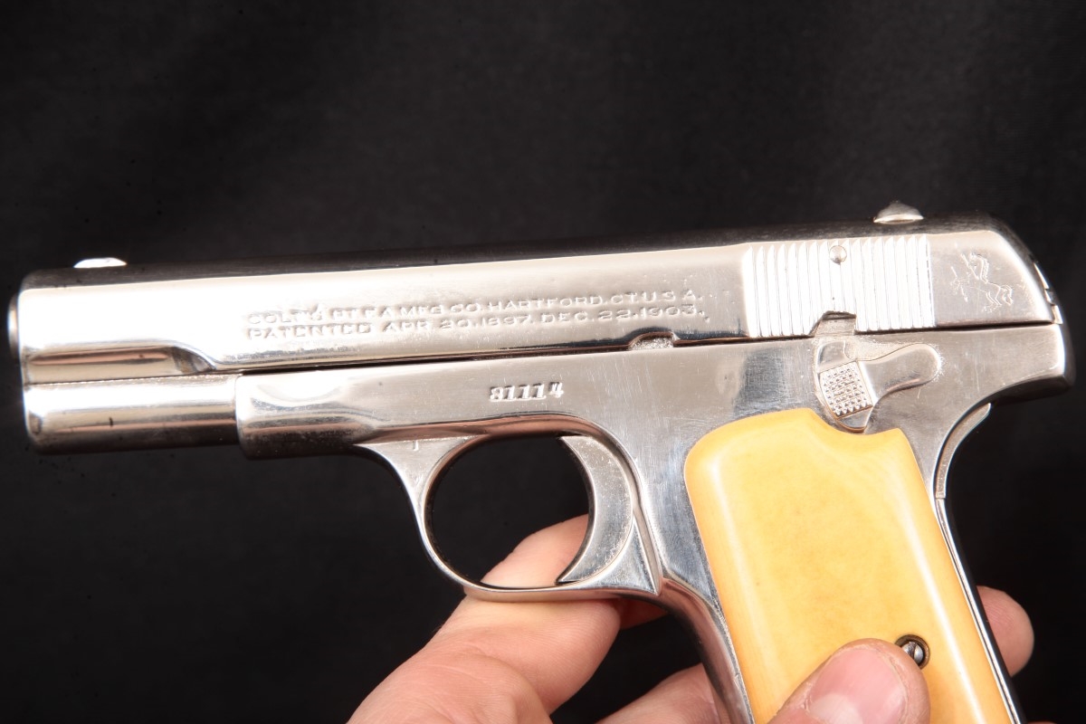 Colt Model 1908 M1908 Pocket Hammerless, Nickel 3 3/4" Single Action ...