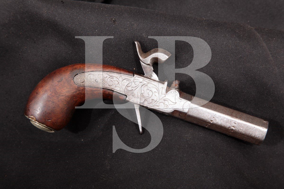 Belgian Single Shot Percussion Derringer, Folding Trigger, Engraved, 2 ...