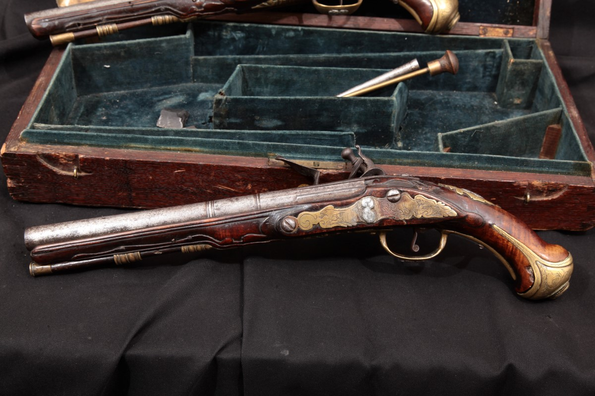 Unknown Cased Pair Of Dueling Pistols, Brass Silver & Steel 9 ...
