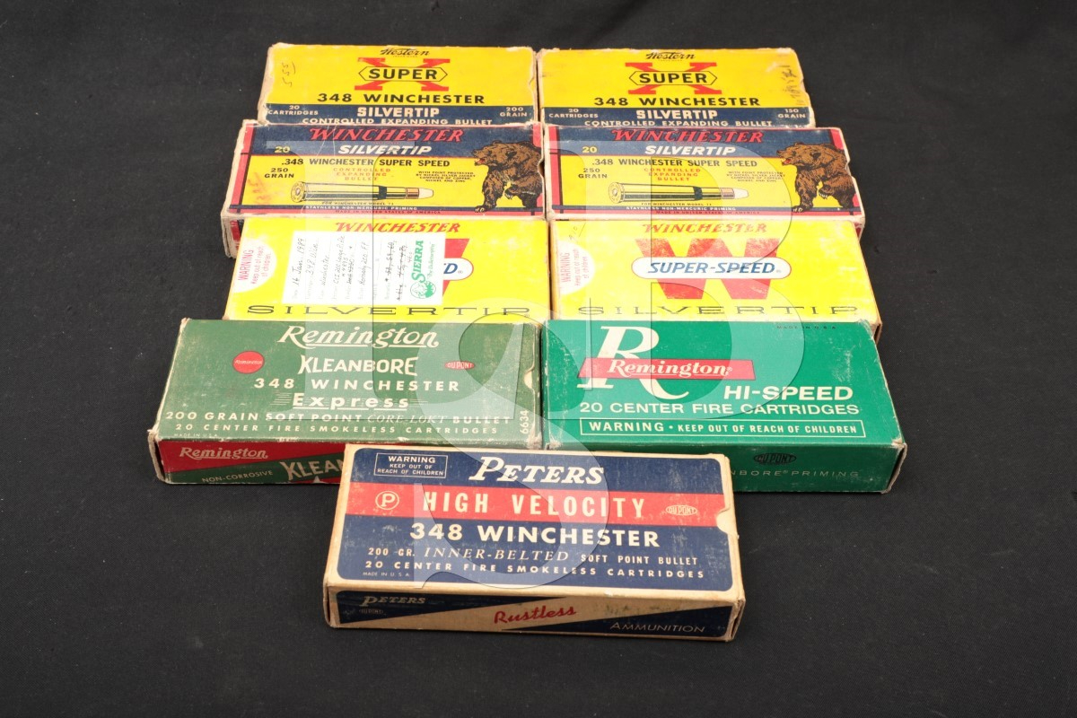Mixed 59x .348 Win. Vintage Ammunition, 87x Fired Brass Cases In ...