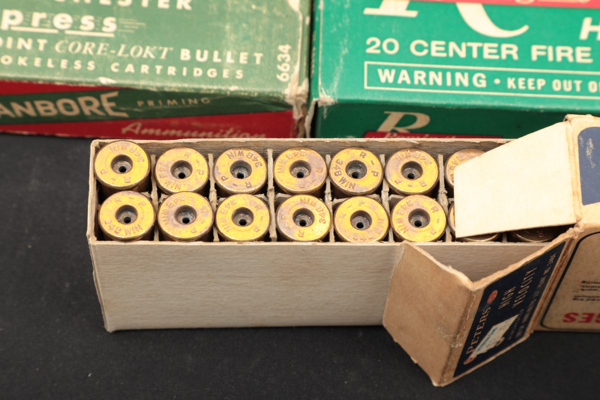Mixed 59x .348 Win. Vintage Ammunition, 87x Fired Brass Cases In ...