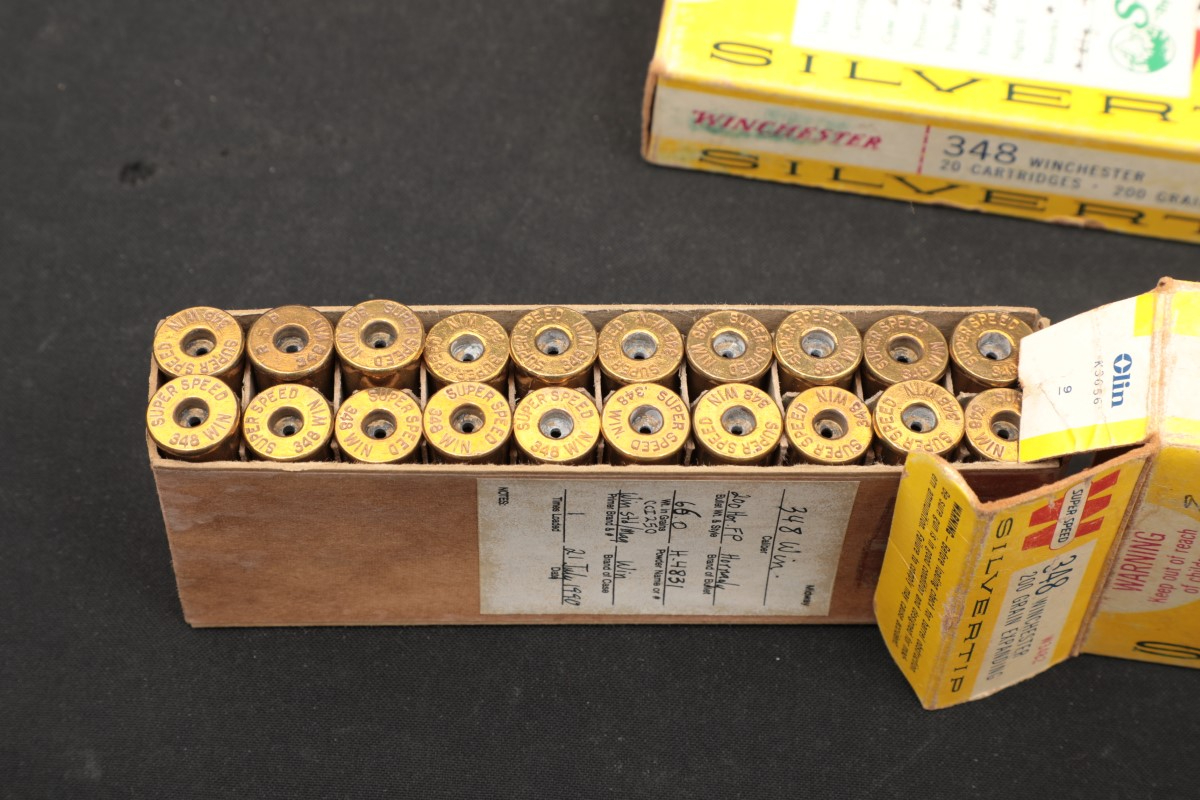 Mixed 59x .348 Win. Vintage Ammunition, 87x Fired Brass Cases In ...