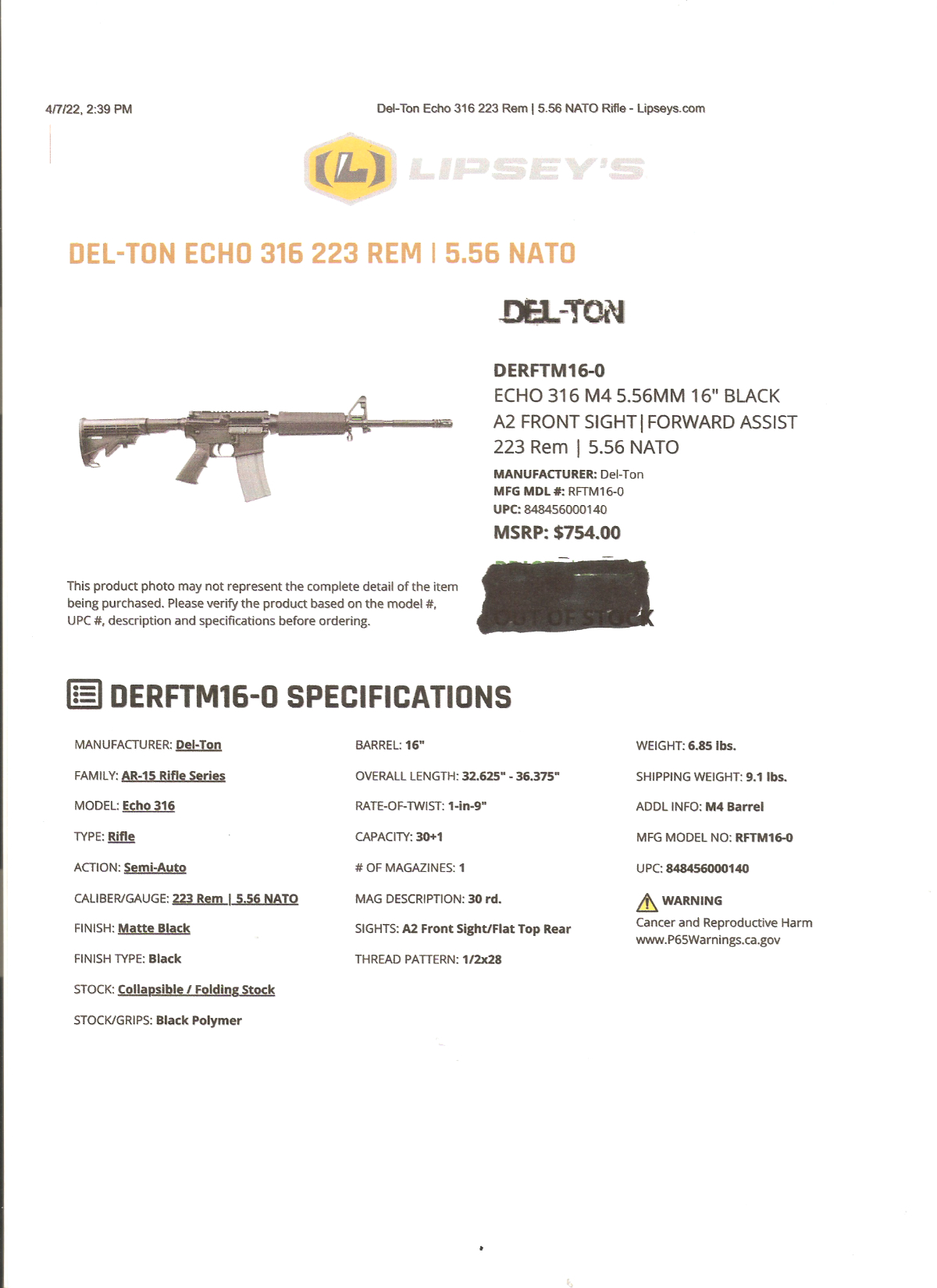 Del-Ton Delton Model Echo 316 New In The Box 5.56mm Nato For Sale at ...