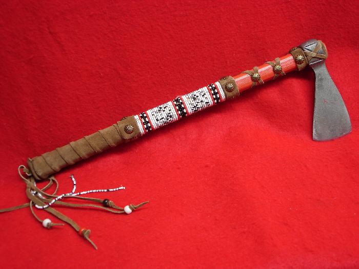 INDIAN BEADED WAR AXE ( NICELY MADE).