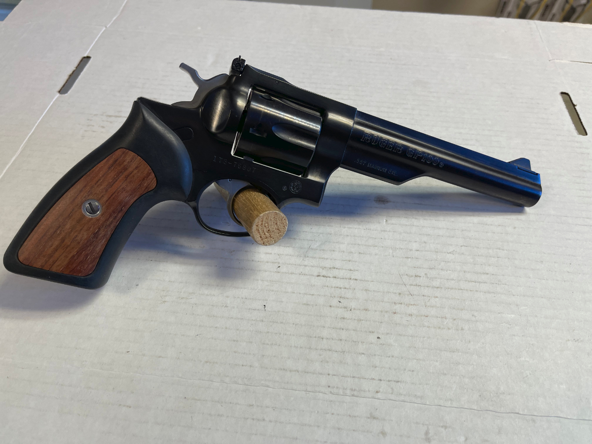 RUGER MODEL GP100 6 SHOT REVOLVER 6 INCH BARREL BLUED WOOD/RUBBER GRIPS ...