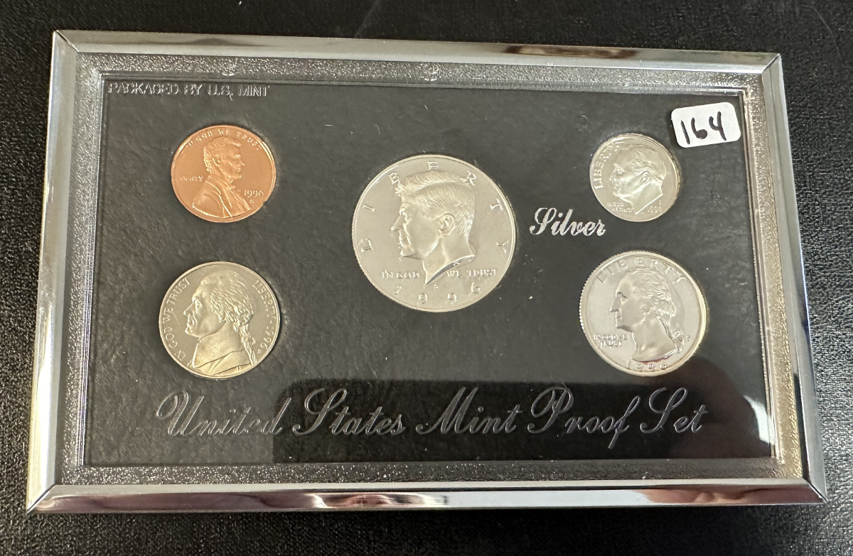 1996 SILVER PROOF SET 5 coins Kennedy half dollar, Washington quarter and Roosevelt dime struck ...